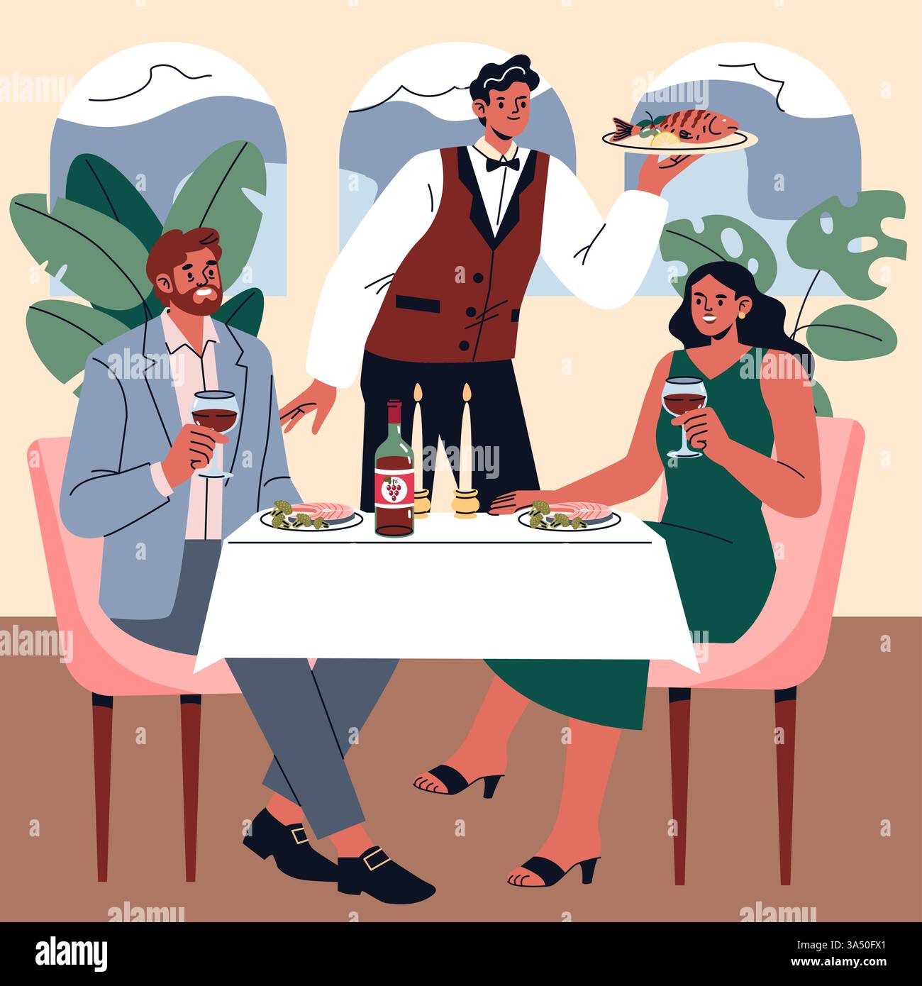Elegant hotel dining experience illustration, featuring a couple ...