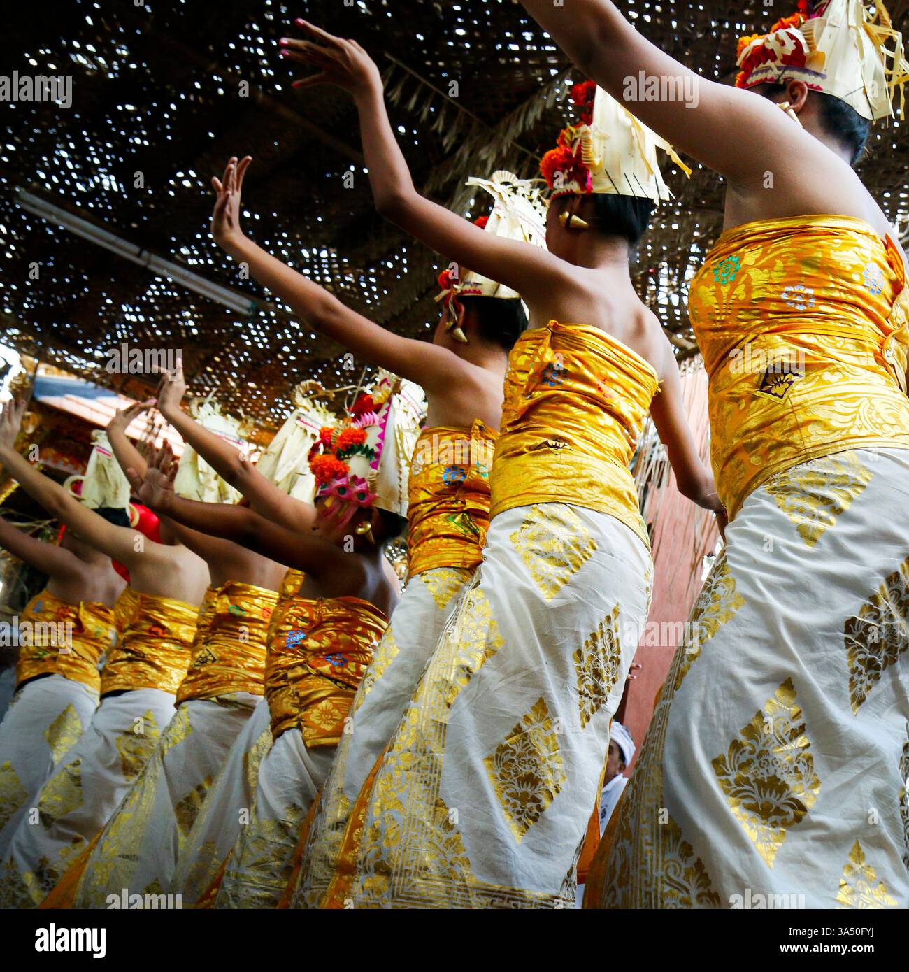 Colorful Balinese dancers wearing kebaya and palm headdresses perform ...