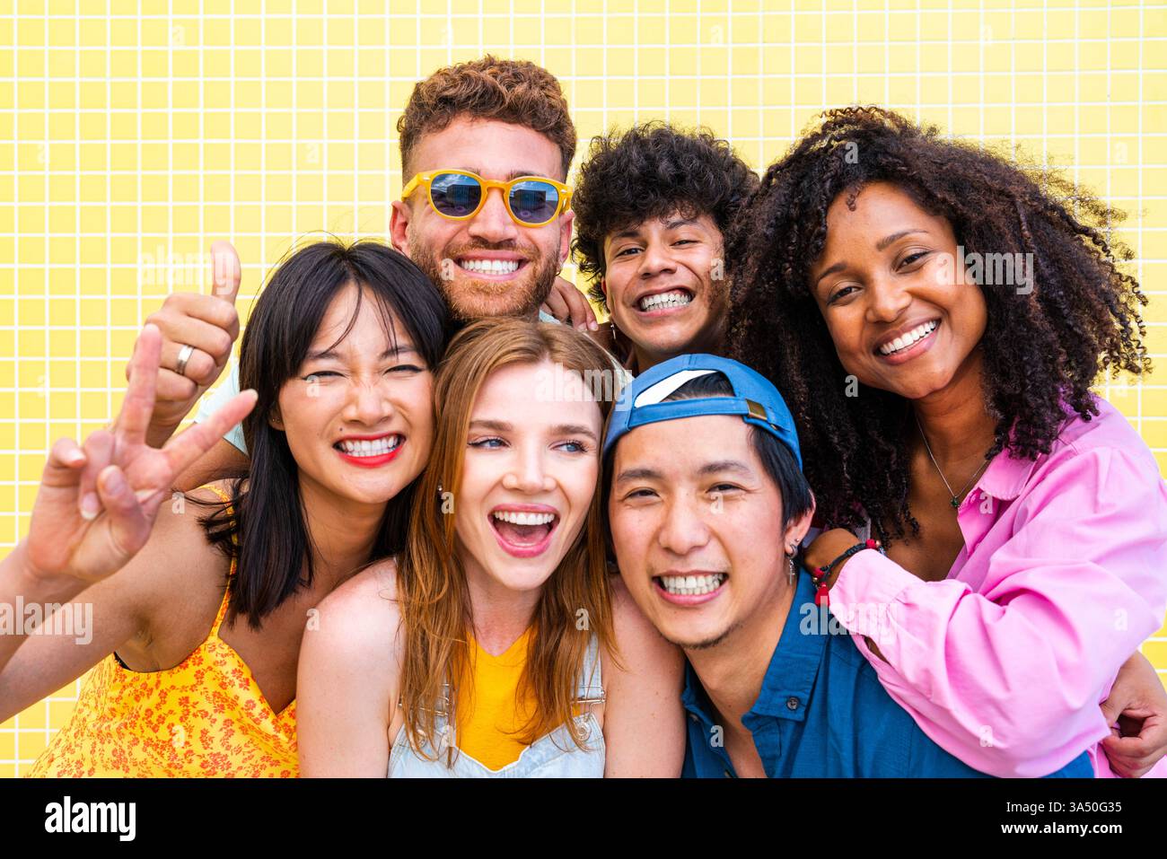 Group of young happy friends bonding outside, having fun on summertime ...