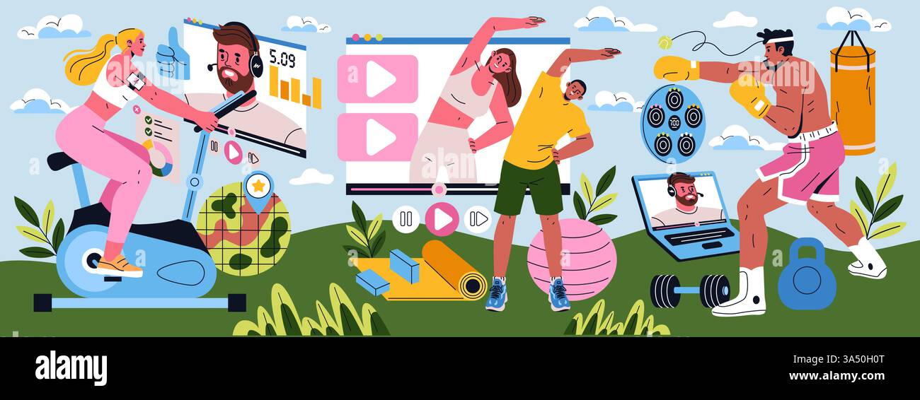 Remote personal training concept illustrating diverse workouts at home ...