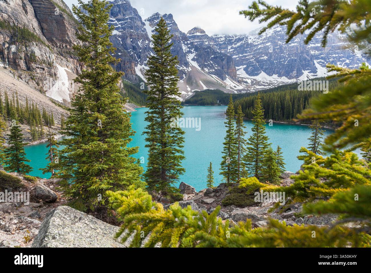Moraine Lake, a glacially-fed lake in Banff National Park, Alberta, Canada, situated in the ...