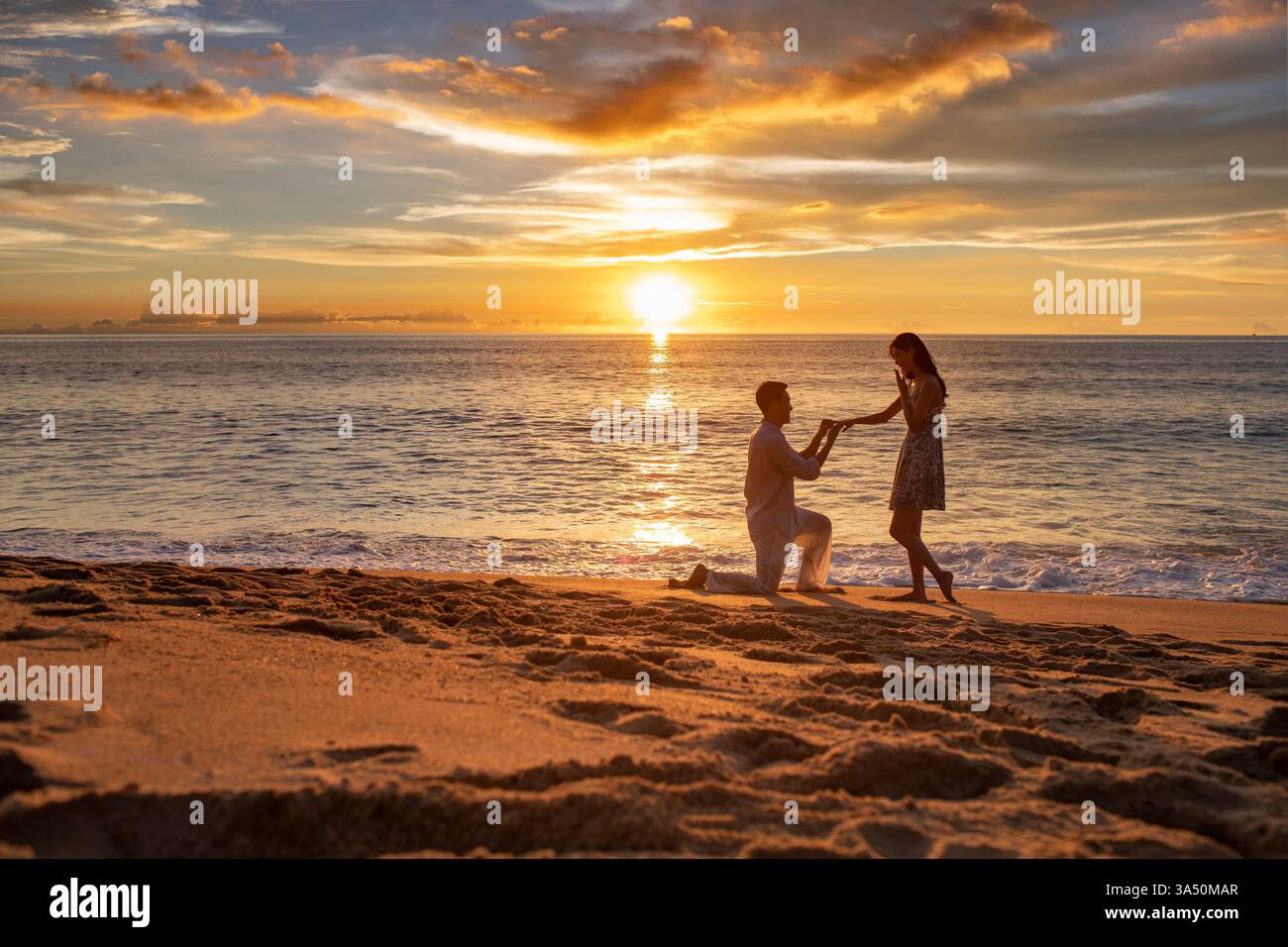 Chinese man kneeling with one leg while holding her partner's hand on ...
