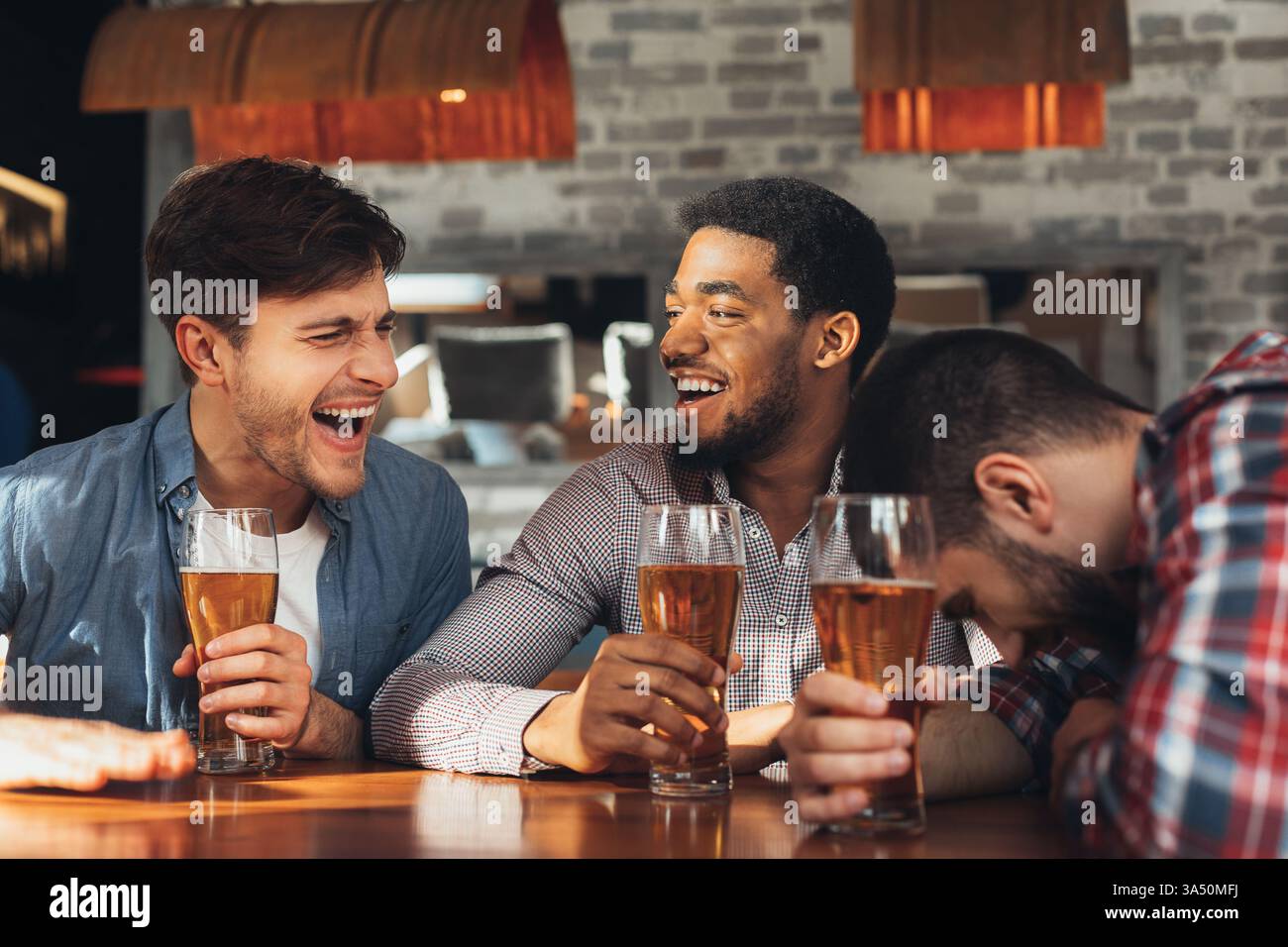 Friends Meeting. Men Drinking Beer And Talking, Having Rest In Bar ...
