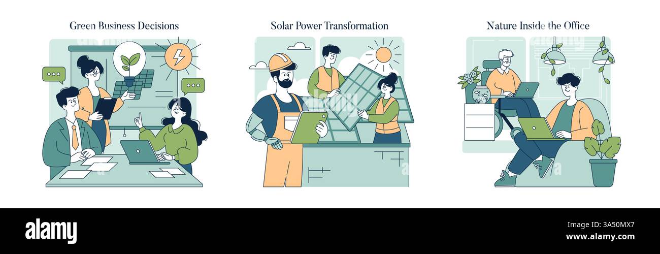 Sustainable business practices are represented through three scenes ...