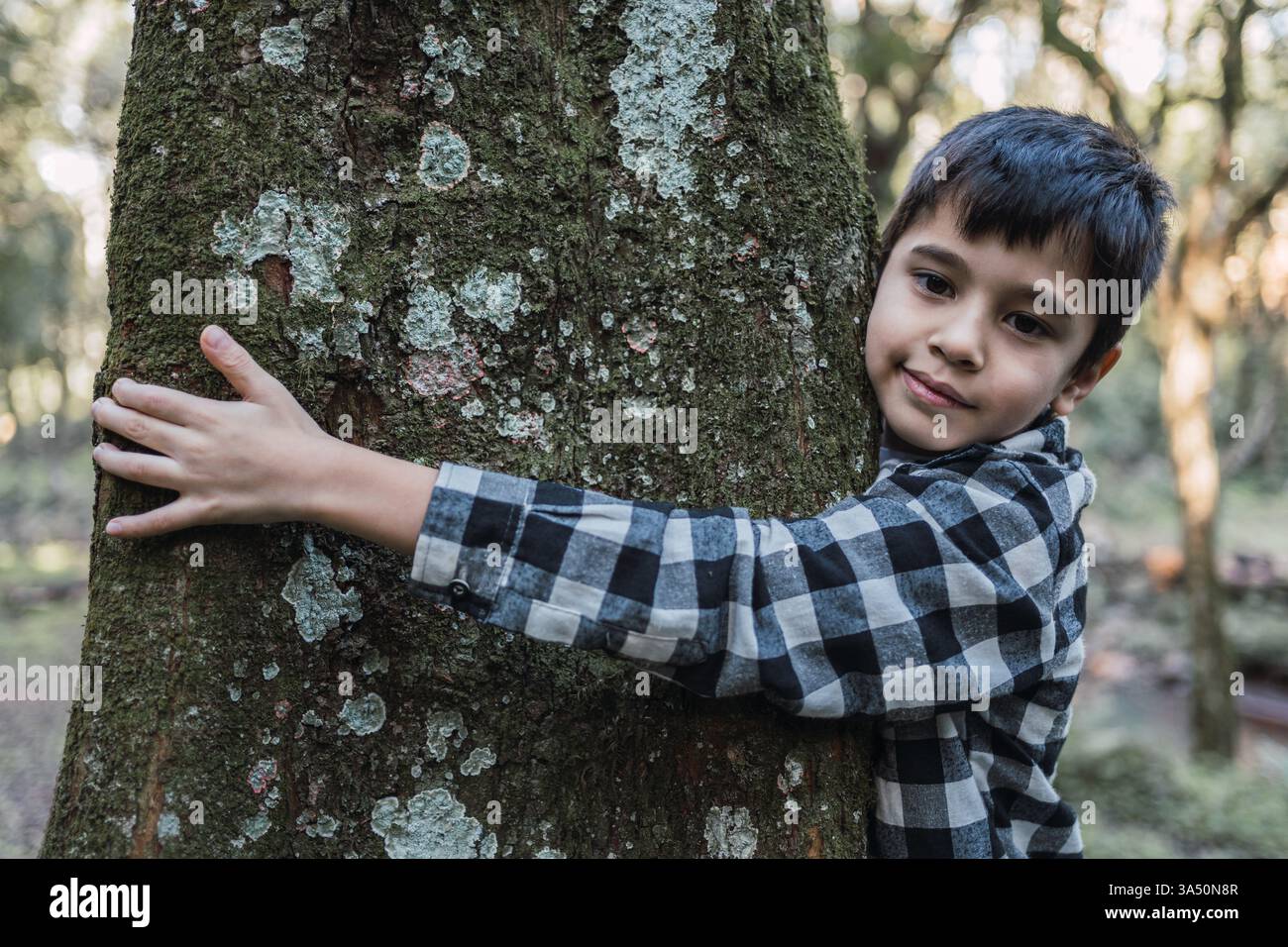 Hispanic boy hugging a tree standing in woods during daytime Stock ...