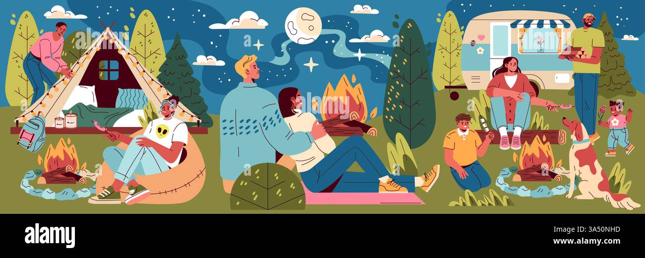 Family camping scene featuring joyful interactions by a cozy campfire ...