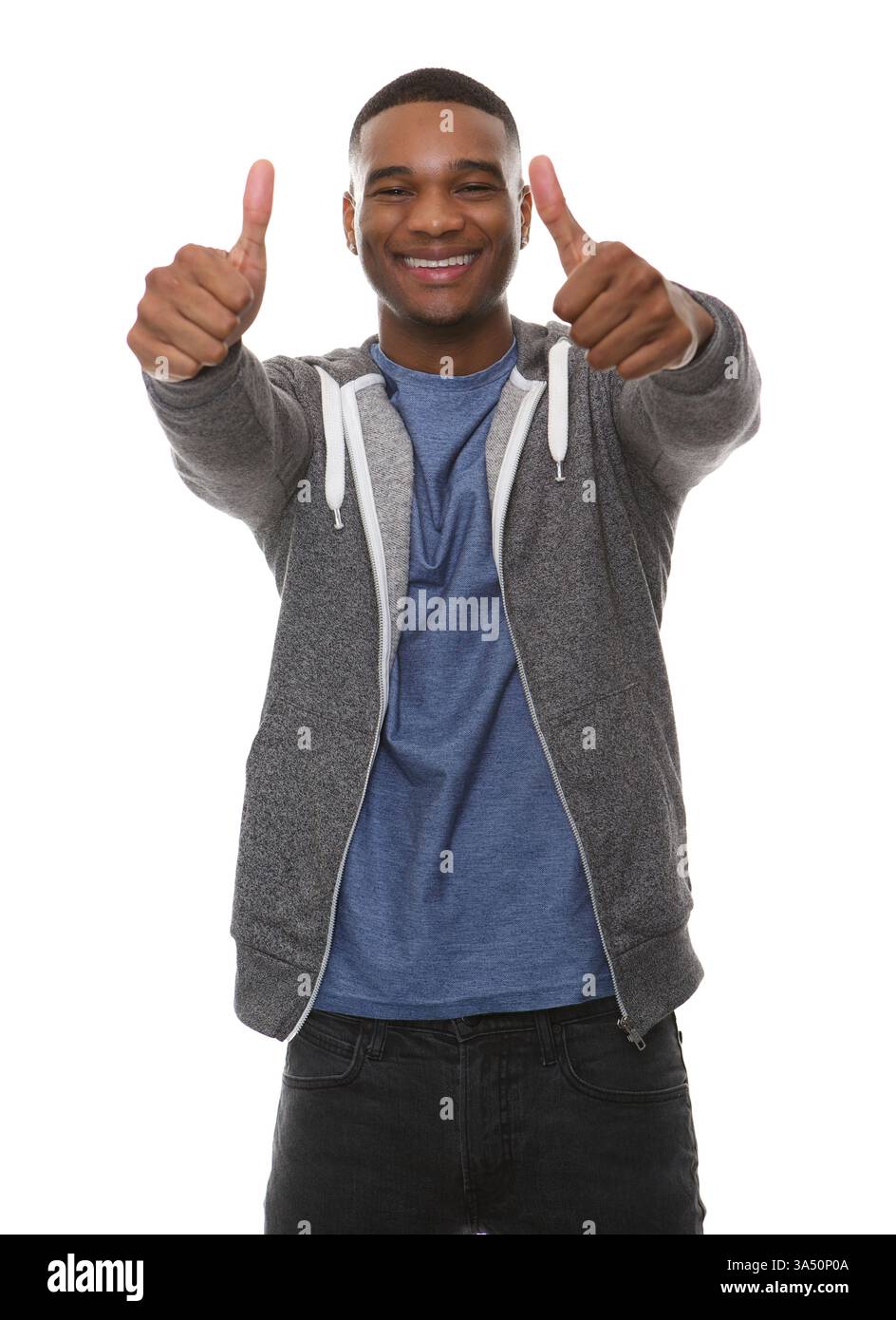 Smiling African American man showing thumbs up hand gesture while ...