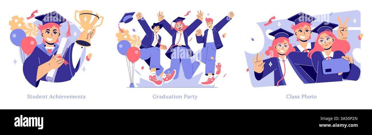 Graduation celebration illustration capturing key moments. It features ...
