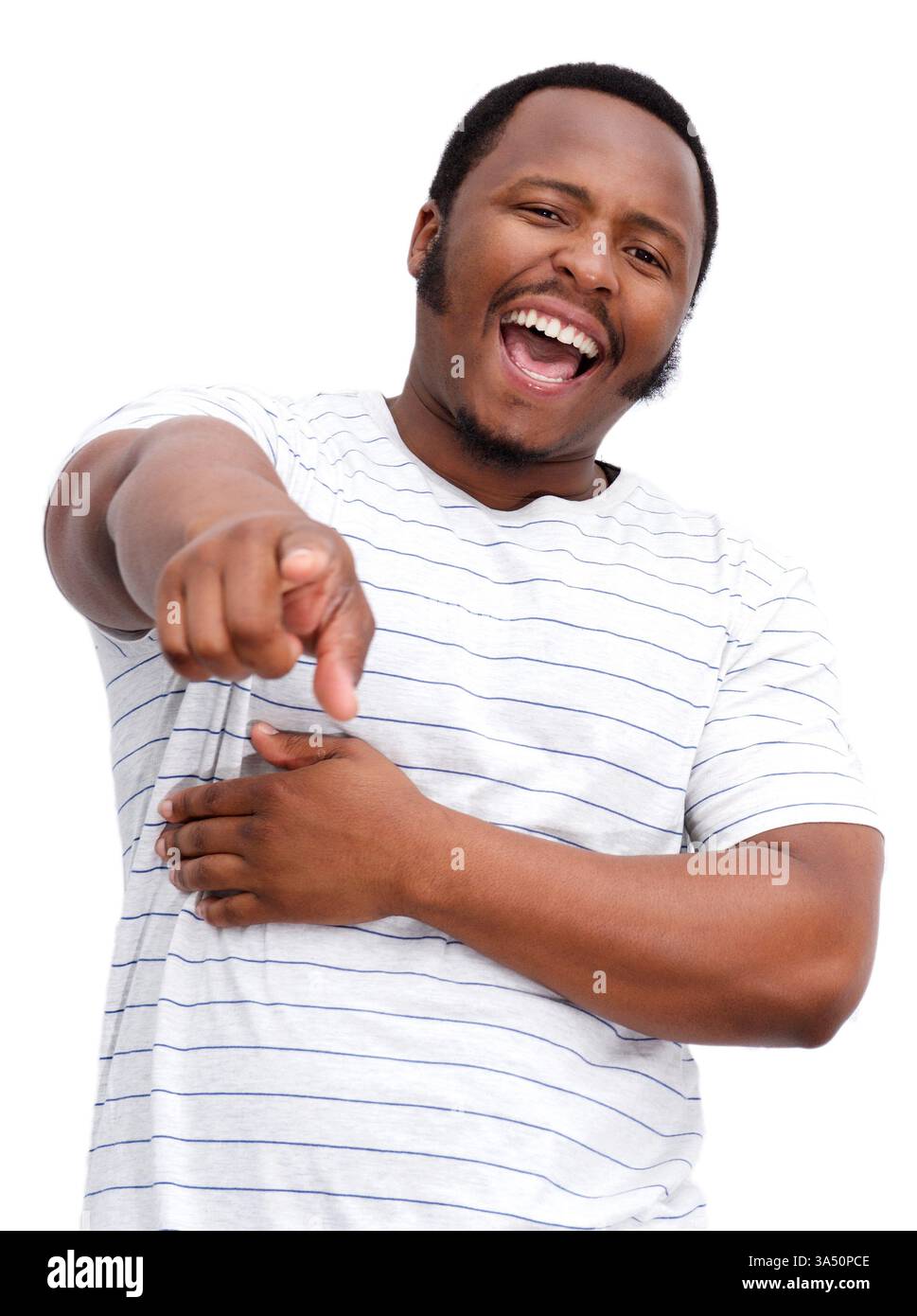 Cheerful Black man with hand on belly laughing and pointing finger ...