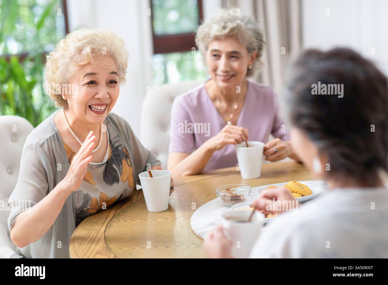 Happy senior Chinese friends having afternoon tea at home Stock Photo ...