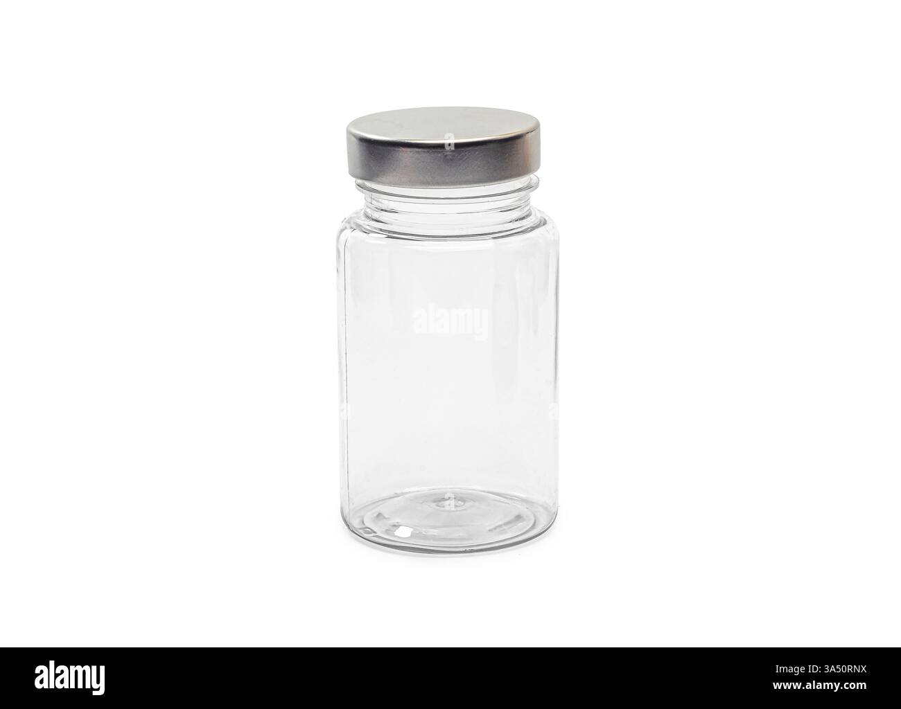 Empty transparent glass jar with metal cap on white background Stock ...