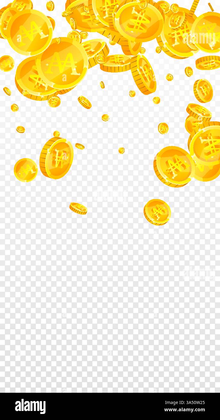 Korean won coins falling. Scattered gold WON coins. Korea money ...