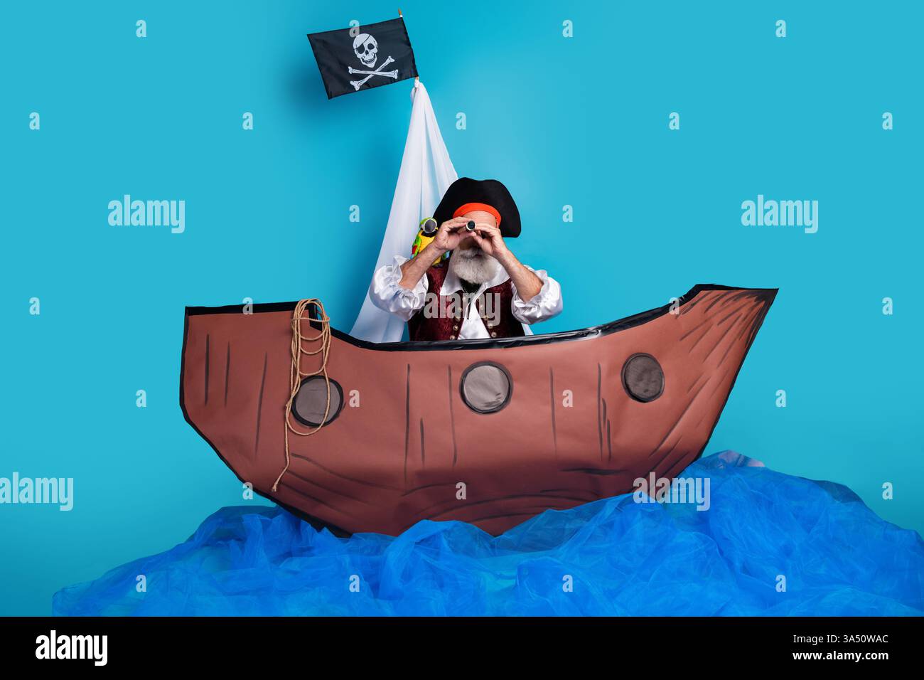 Photo of old pirate in traditional costume swimming searching ship ...