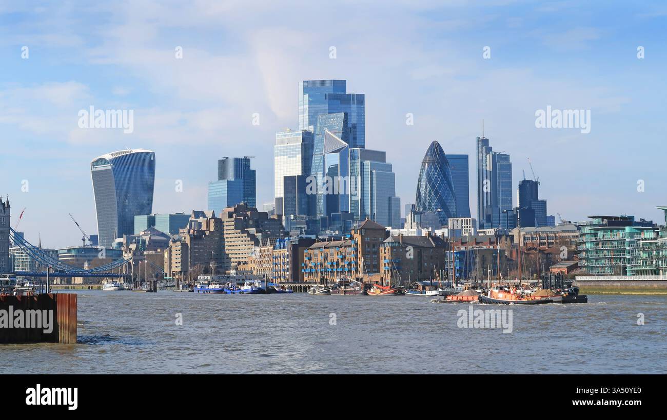 City of London Skyline rises behind Victorian warehouses of Wapping and ...