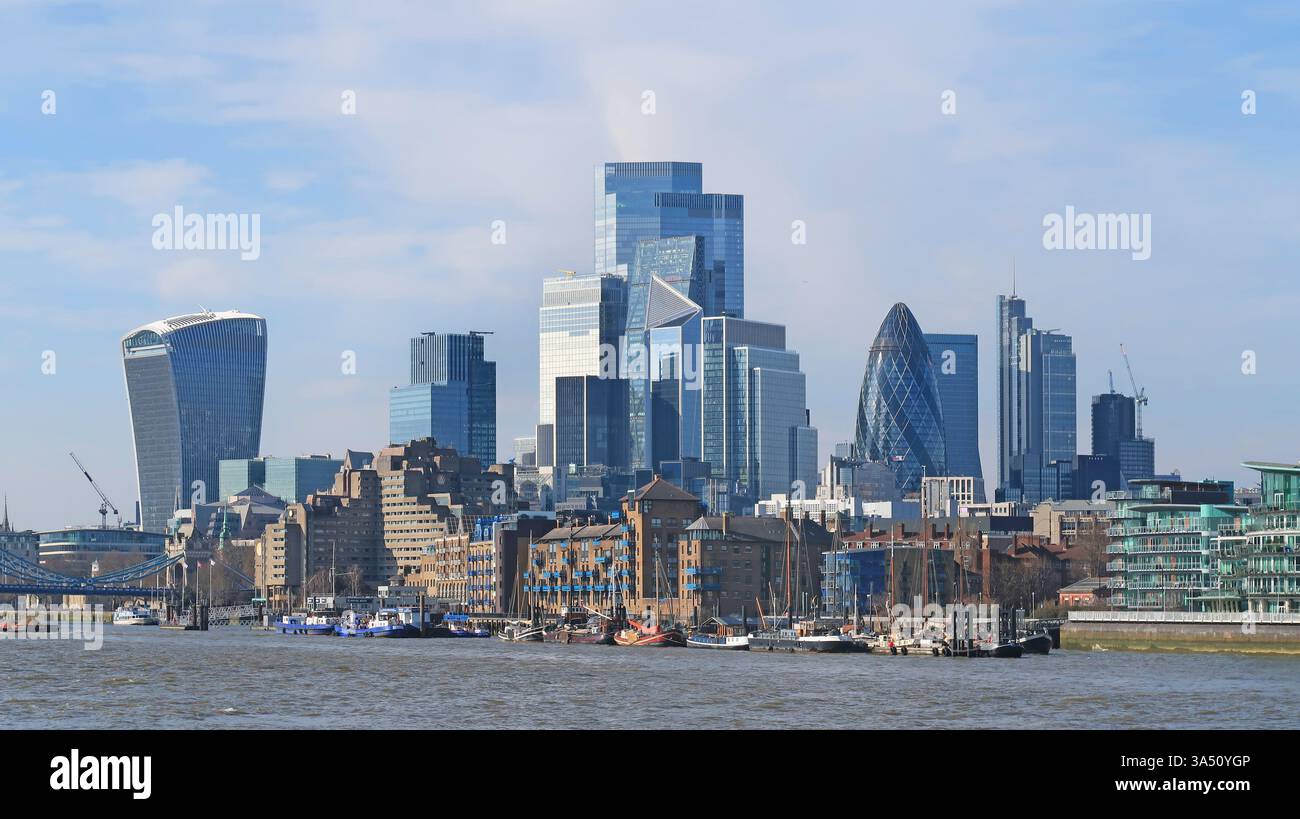 City of London Skyline rises behind Victorian warehouses of Wapping and ...
