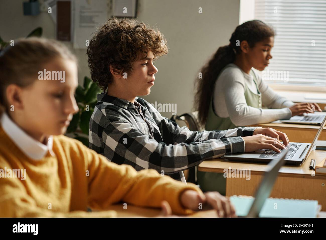 Serious Diverse group of students typing on laptop in computer room ...