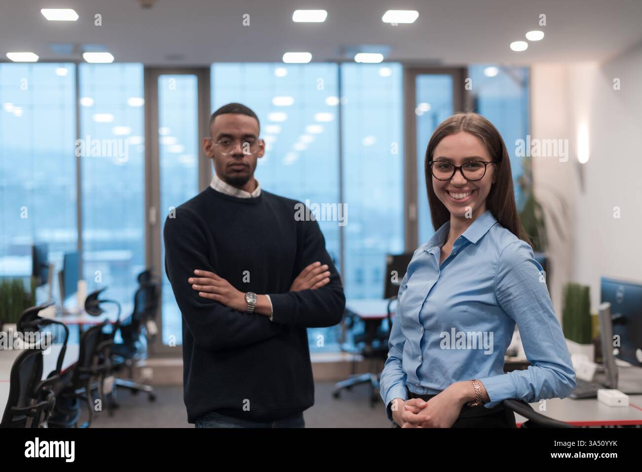 Two happy diverse professional executive business team people woman and African American man ...