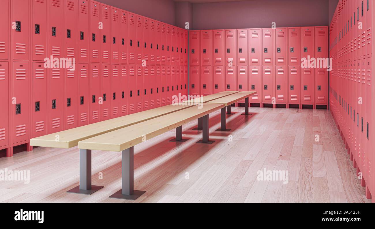 Empty pink locker room with wooden benches in school or gym 3d Stock ...