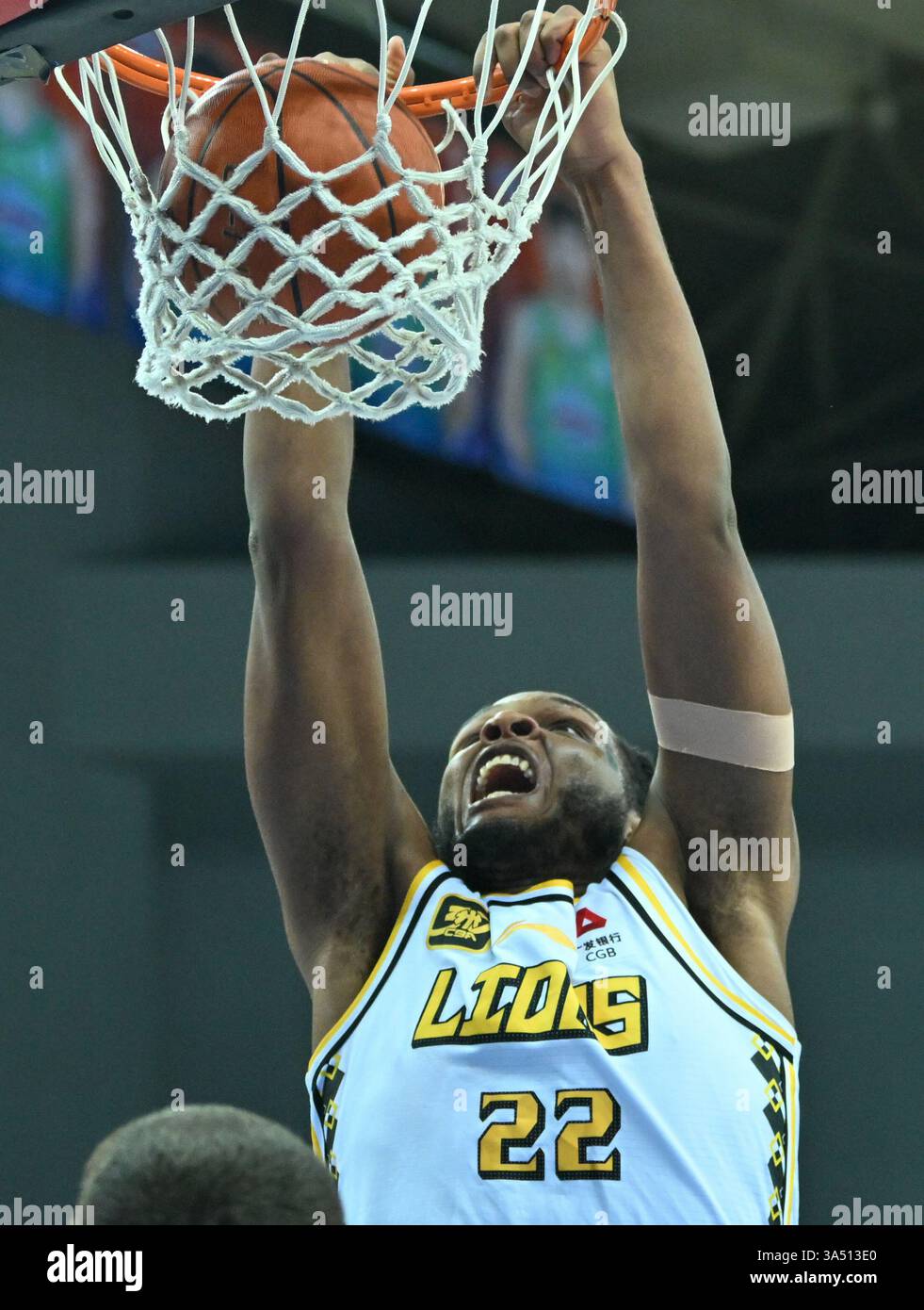 Tianjin, China. 20th Mar, 2025. Joshua Carlton of Zhejiang Lions dunks ...