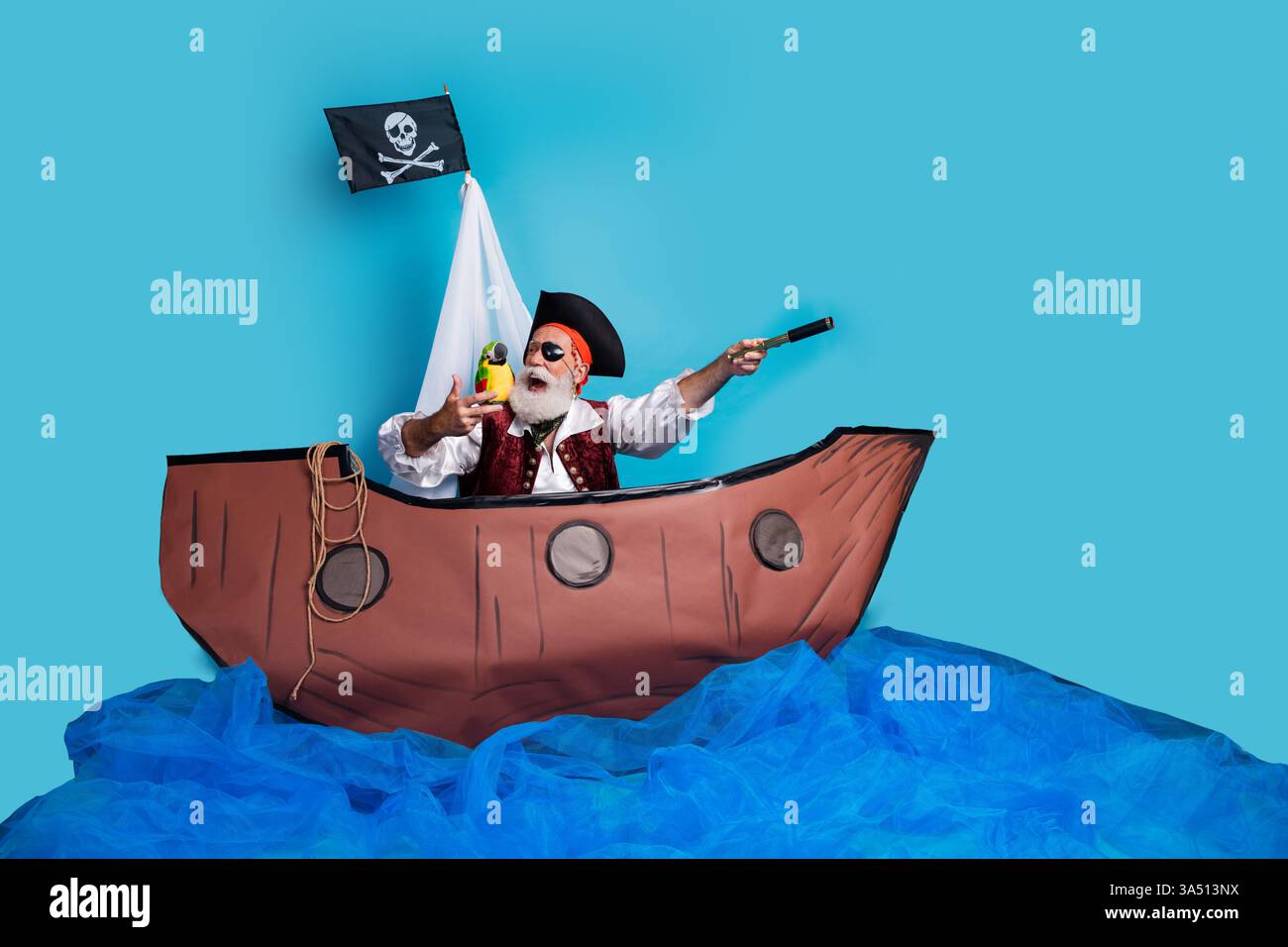 Photo of dangerous robber funny pirate swimming sea wave isolated on ...