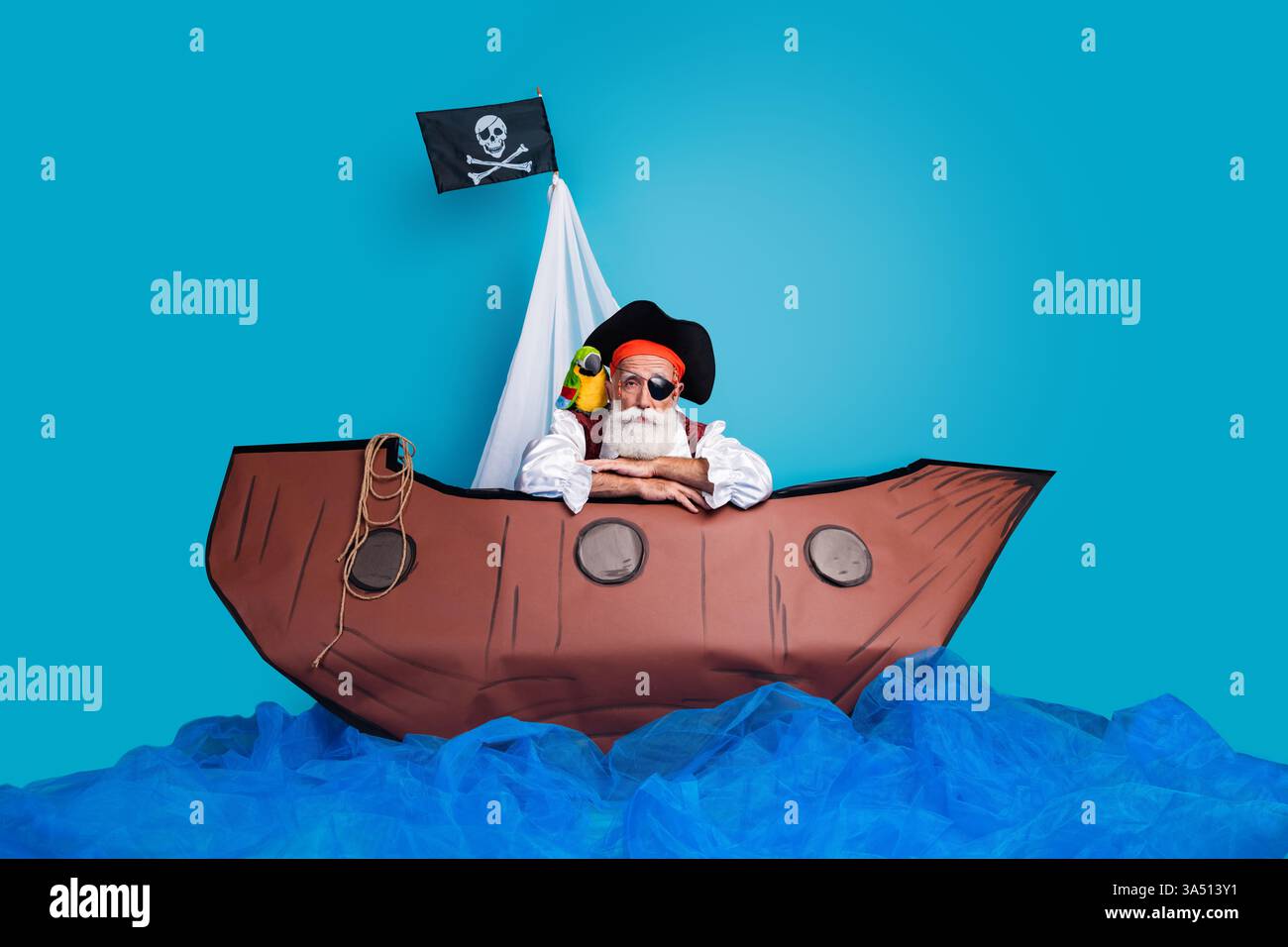 Photo of sad senior man sea robber wearing pirate costume swimming in ...