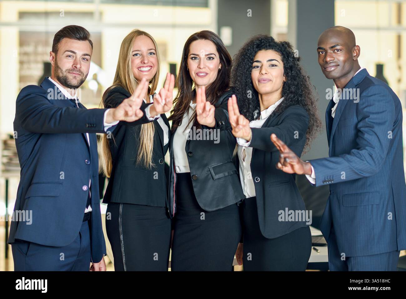 Smiling diverse group of business people in formal wear showing two ...