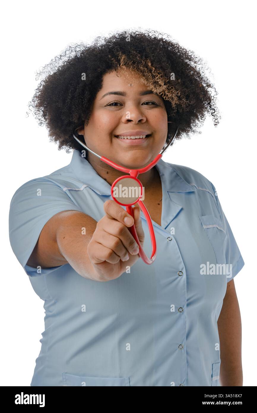 Plus-sized Hispanic female doctor with curly afro wearing blue uniform ...