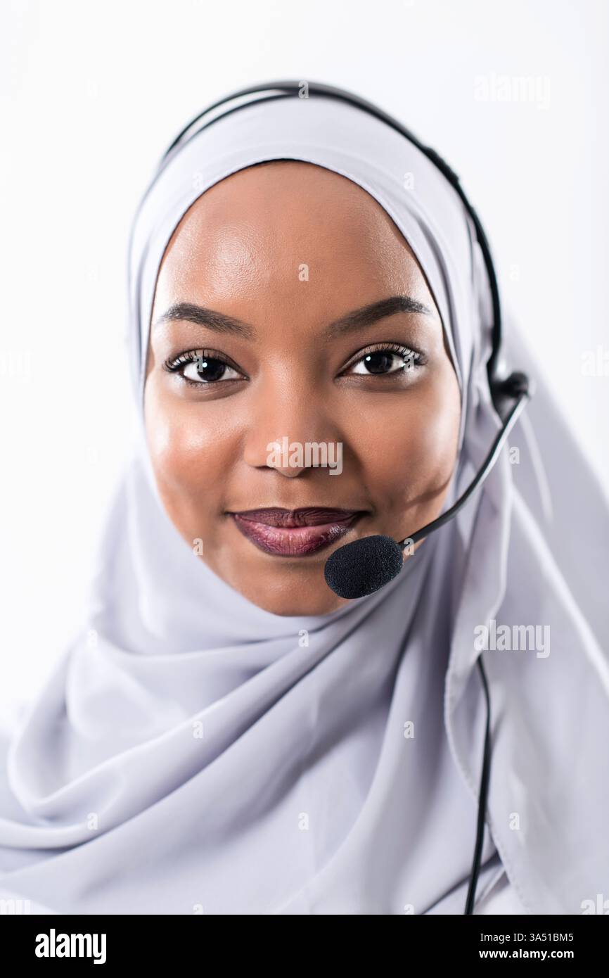 African muslim female with hijab scarf customer representative business ...