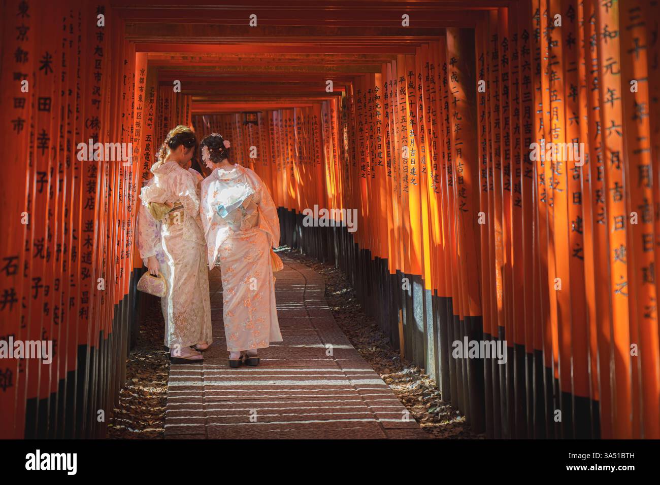 Kyoto, Japan - Sep 23 2024, panoramic view of the corridor of the red ...