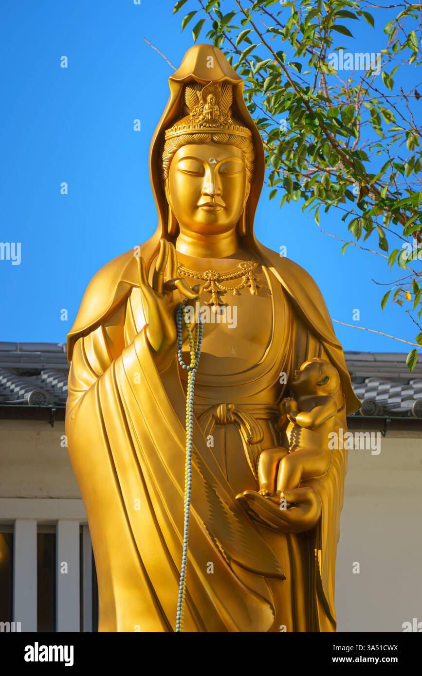Kyoto, Japan - Sep 23 2024, vertical, close up view of golden statue of ...