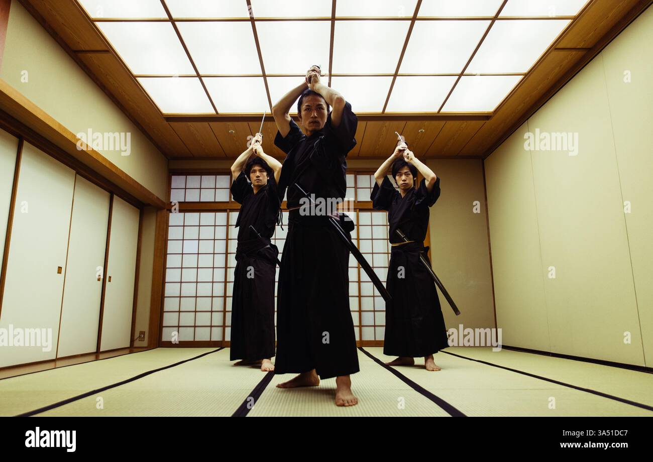 Samurai training in a traditional dojo in Tokyo. A depiction of martial ...