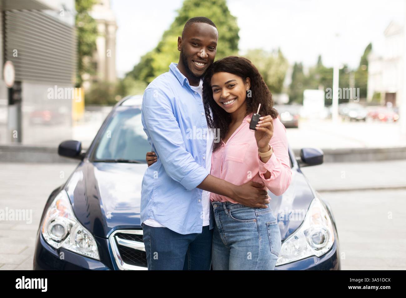 Happy Black Woman Showing Keys Of Her Luxuy Automobile, Husband ...