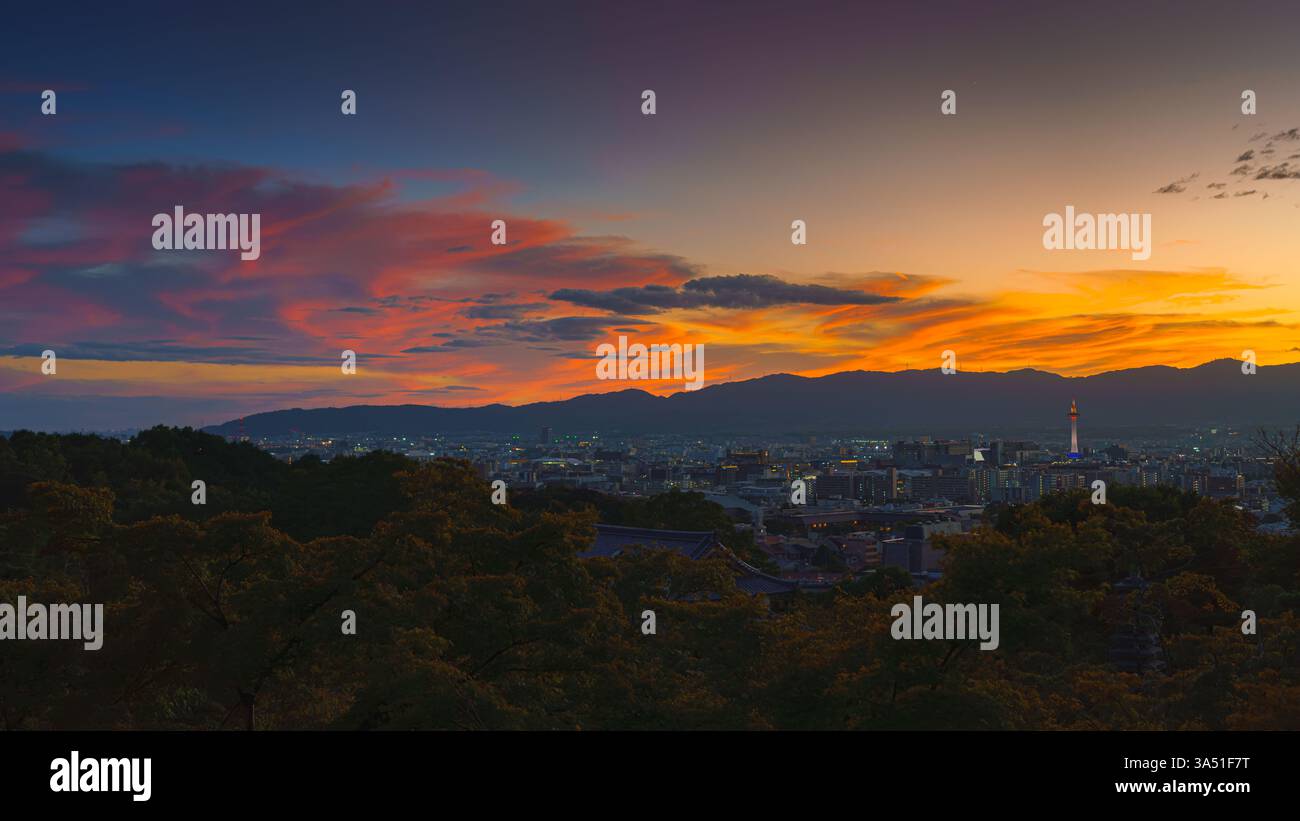 kyoto, Japan - Sep 23 2024, Panoramic view of Kyoto city at sunset with ...