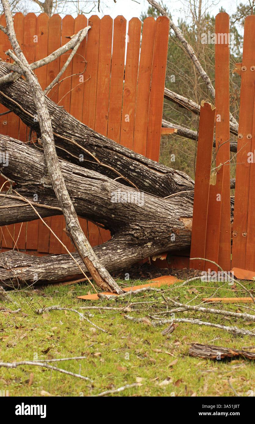 Fence Damaged From Tree Falling During Rain Storm Stock Photo - Alamy