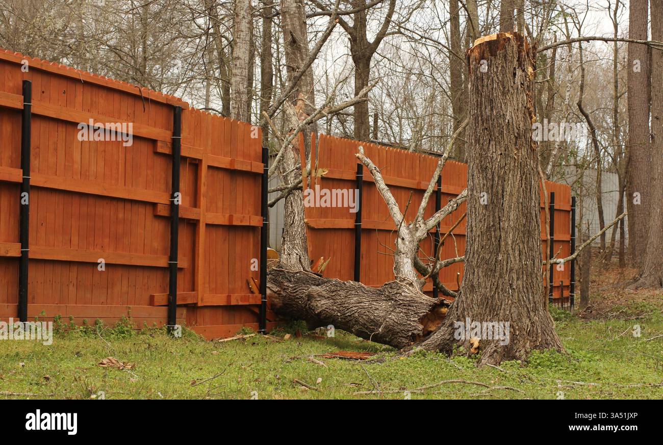 Fence Damaged From Tree Falling During Rain Storm Stock Photo - Alamy
