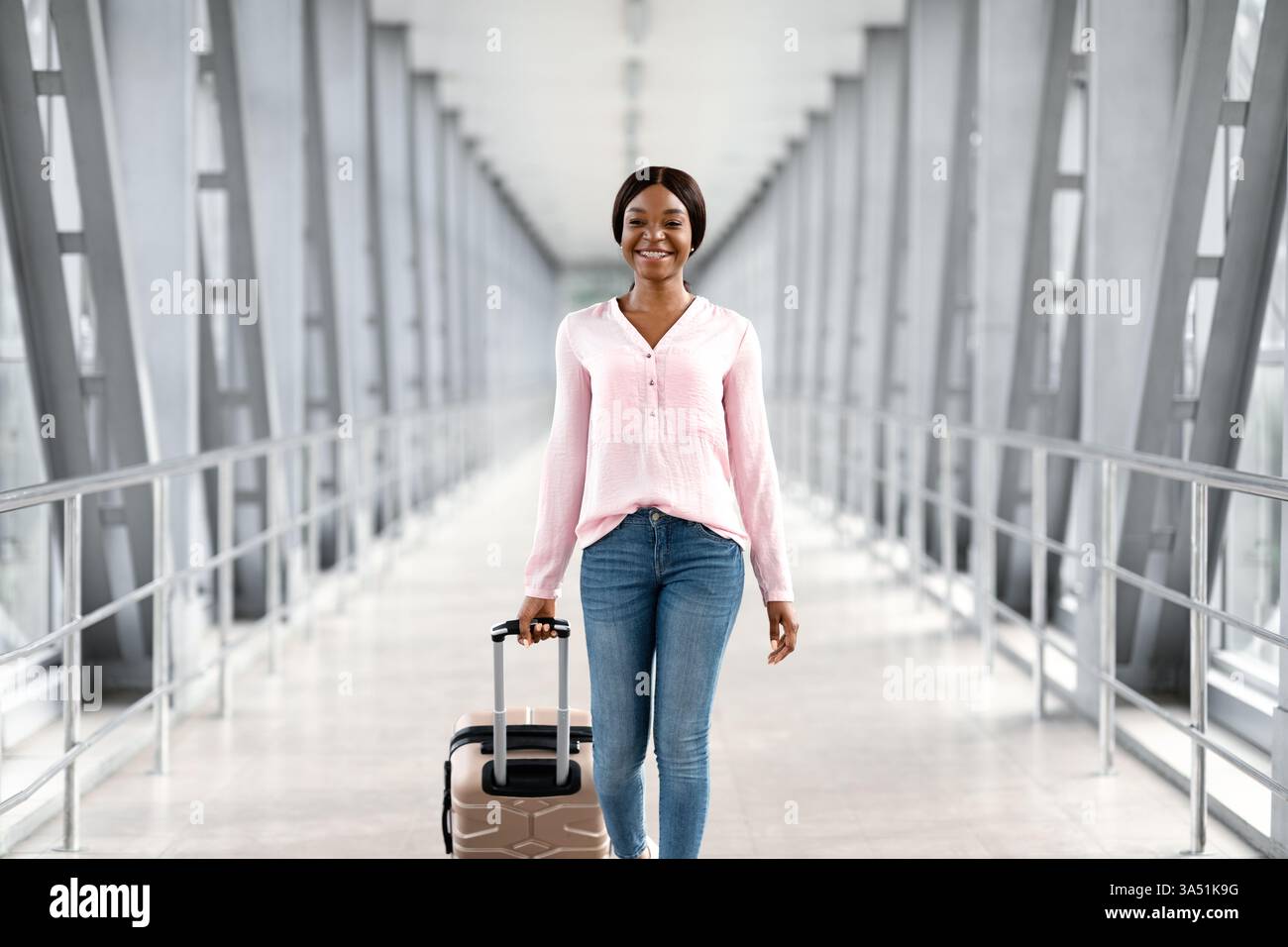 Air Transportation. Portrait of beautiful smiling young black woman ...