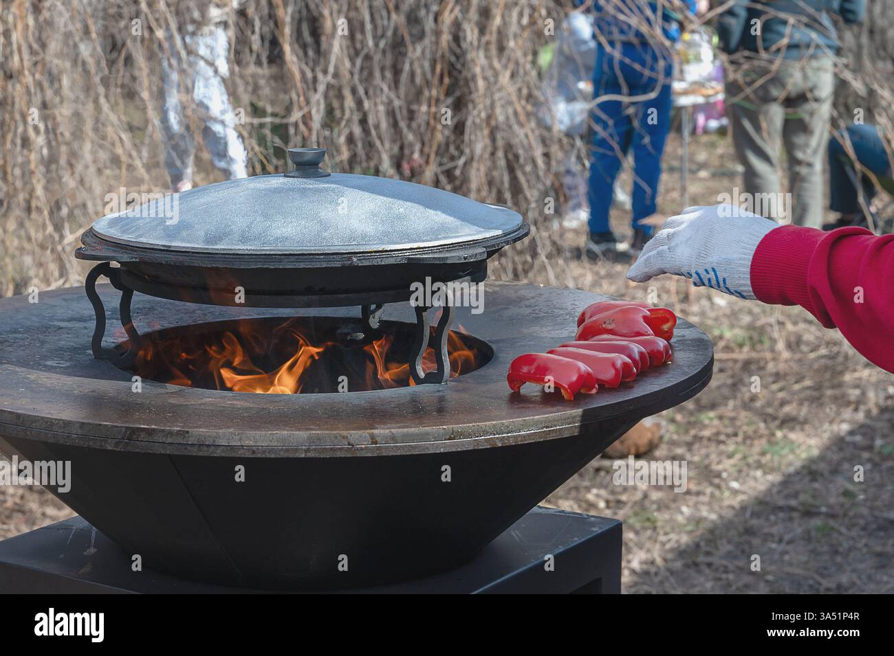 Picnic. Hands of a man cooking outdoors with friends using black hybrid ...