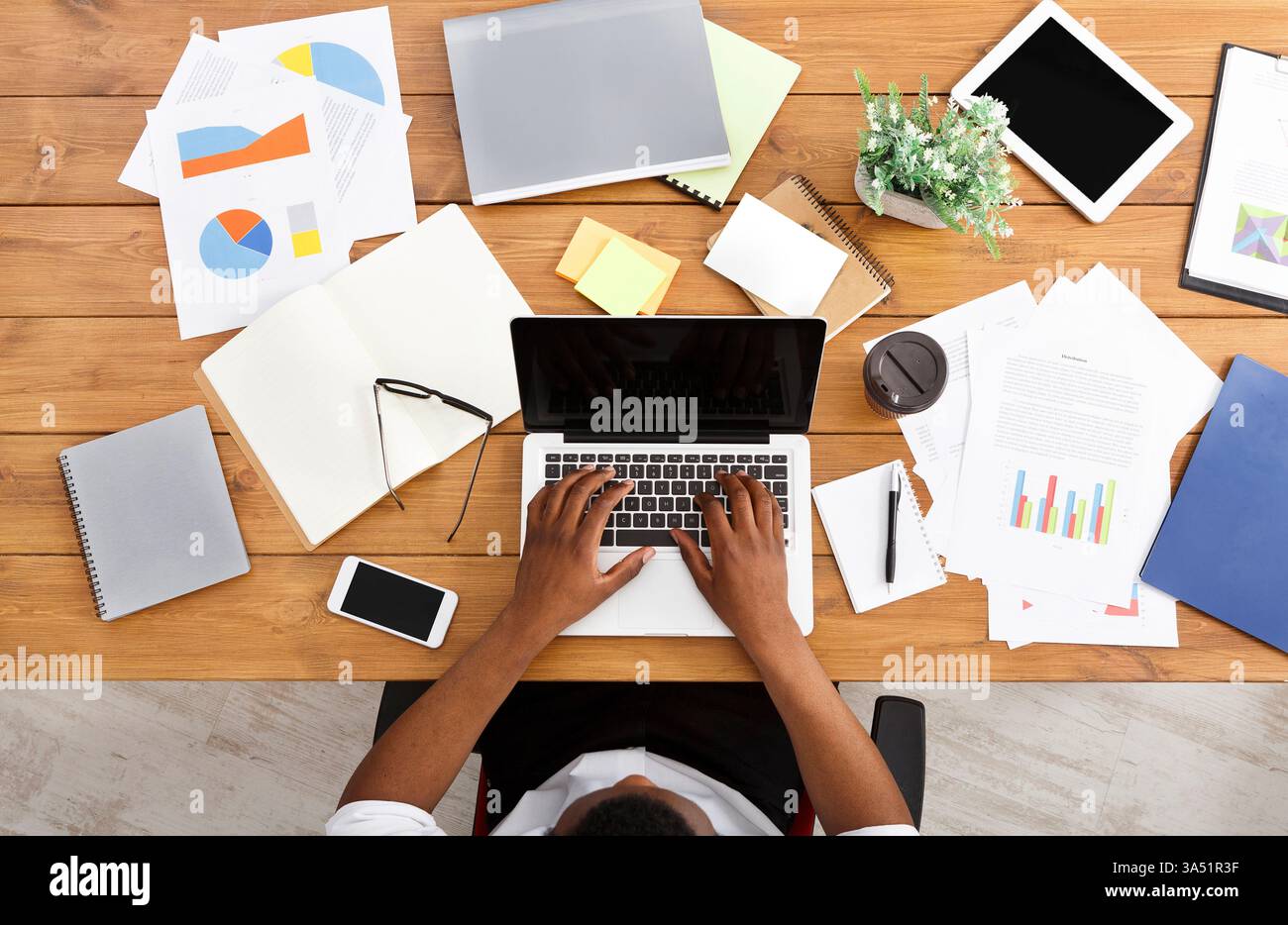 Office workspace top view copy space on screen. African-american ...