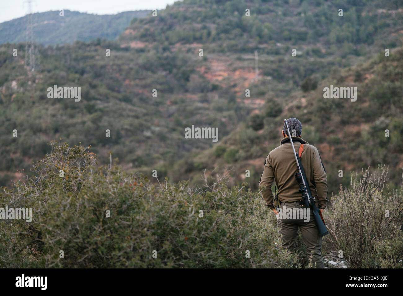 Hunter walking in the forest holding a rifle on his shoulder Stock ...