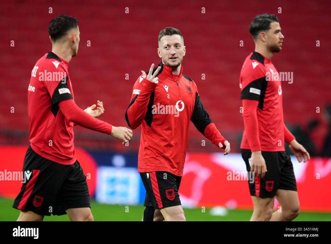 Albania's Ivan Balliu (centre) and team-mates during a training session ...
