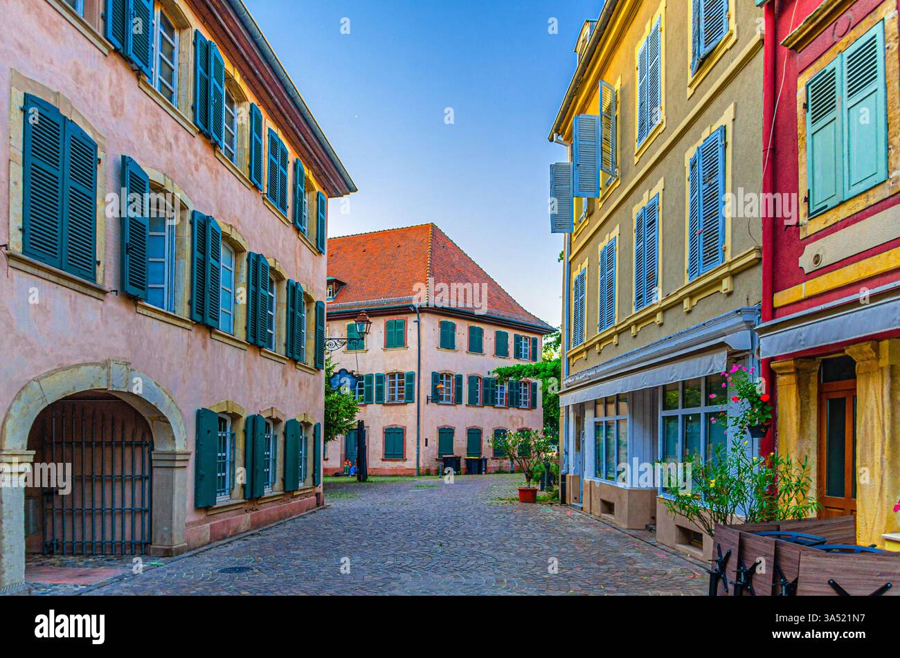 Old town Mulhouse city historic centre with narrow pedestrian street ...