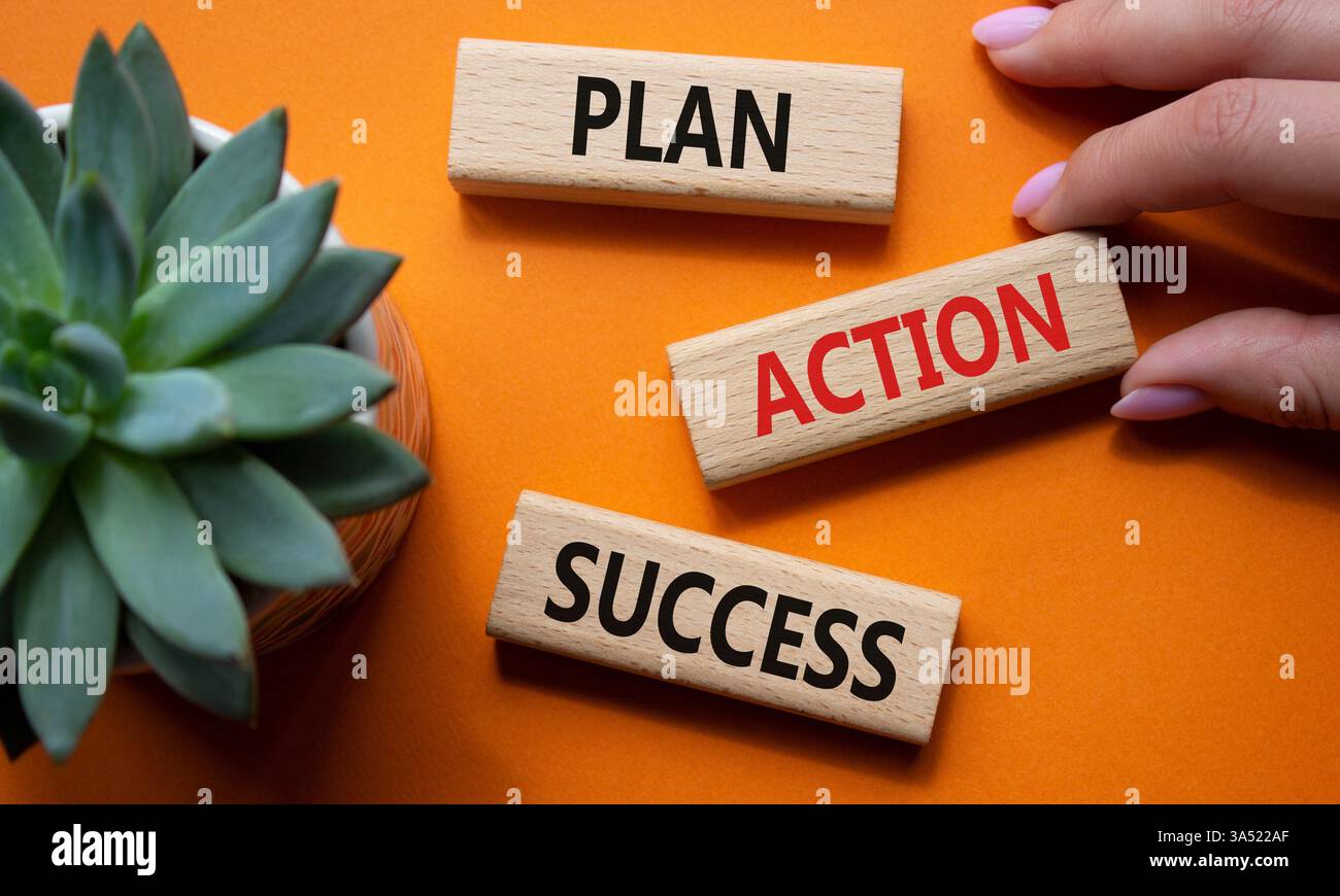 Plan Action Success symbol. Concept word Plan Action Success on wooden blocks. Businessman hand ...