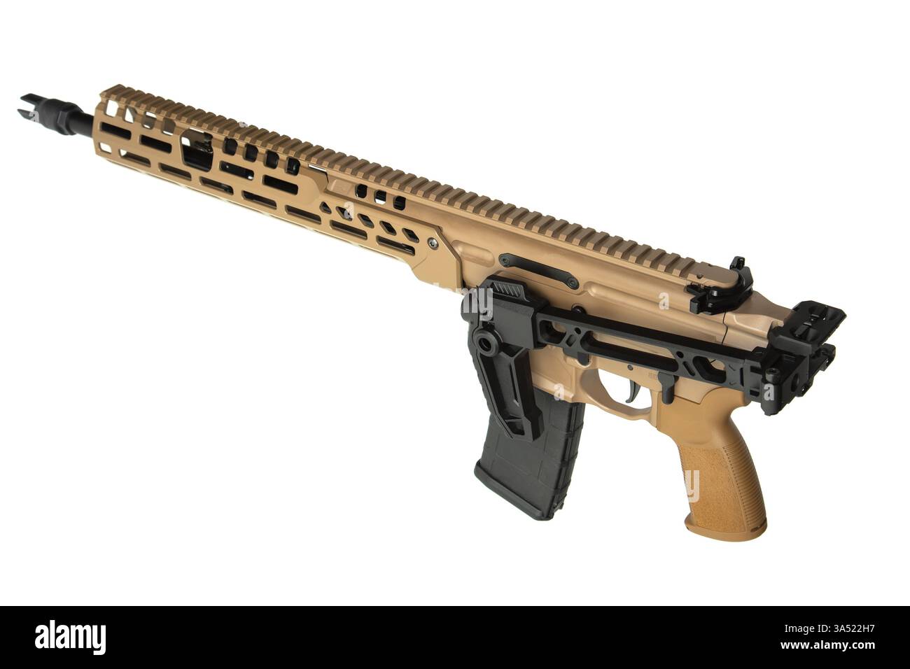 A tan semi-automatic rifle with a black magazine and tactical rail ...