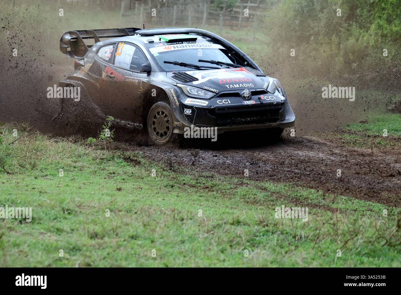 Welsh rally driver Elfyn Evans and British Scott Martin with car Toyota ...