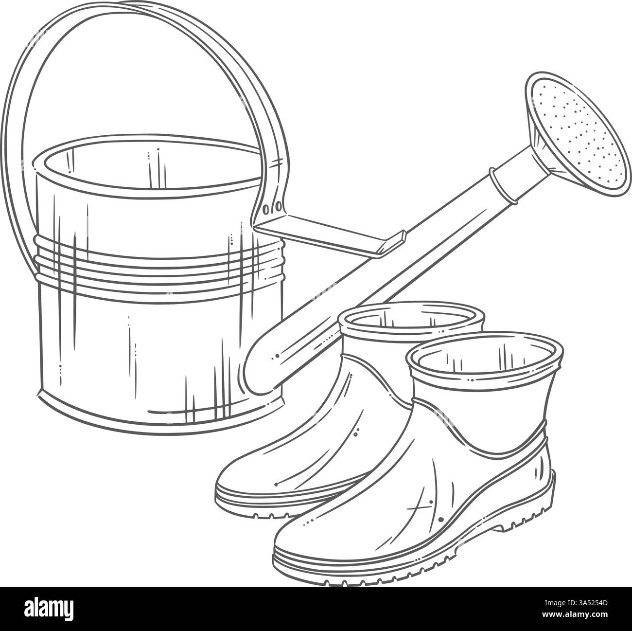 Aluminum watering can and rubber gardening boots. A simple vector ...