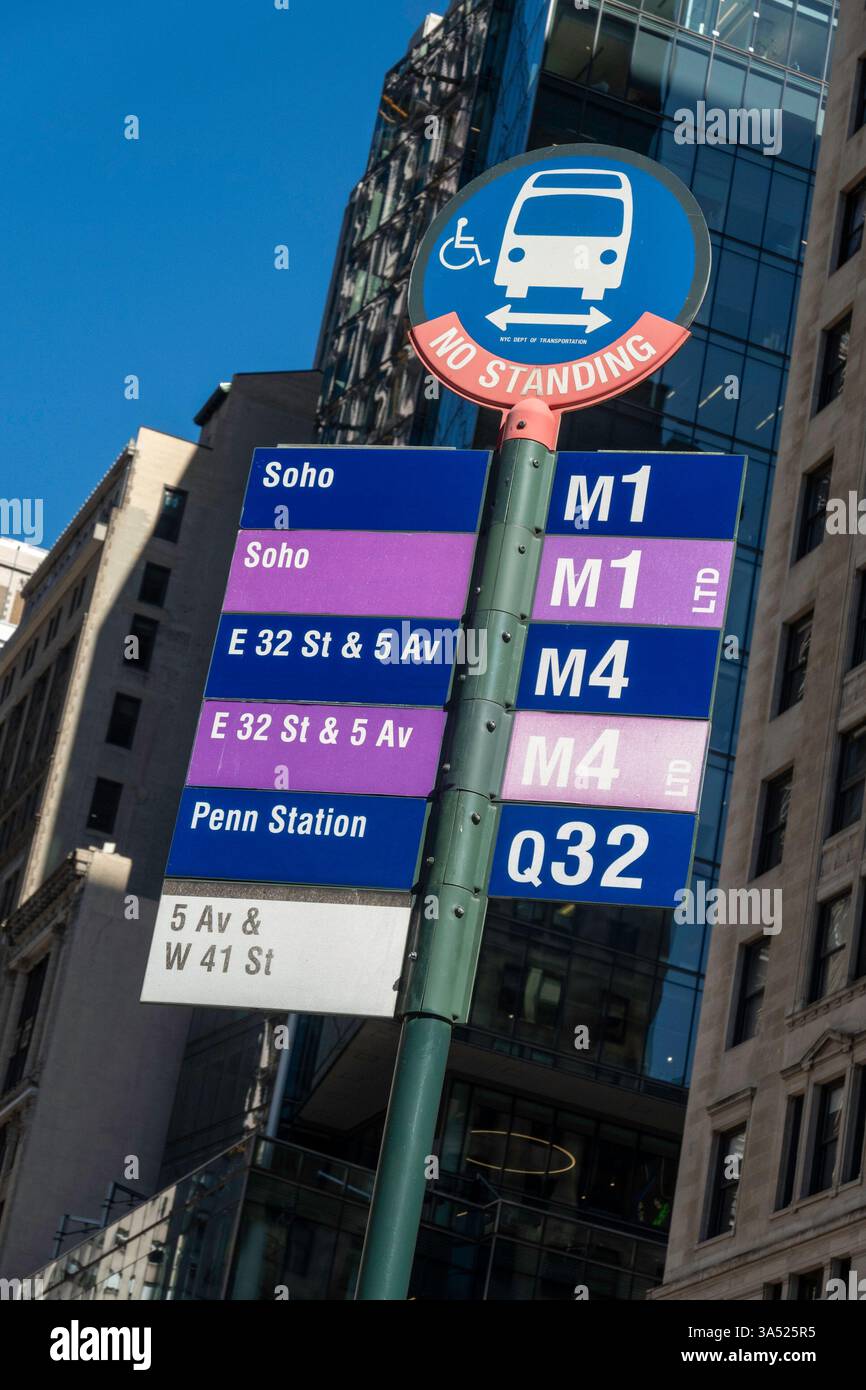 Close up of an MTA bus stop on Fifth Avenue, 2025, New York City, USA ...