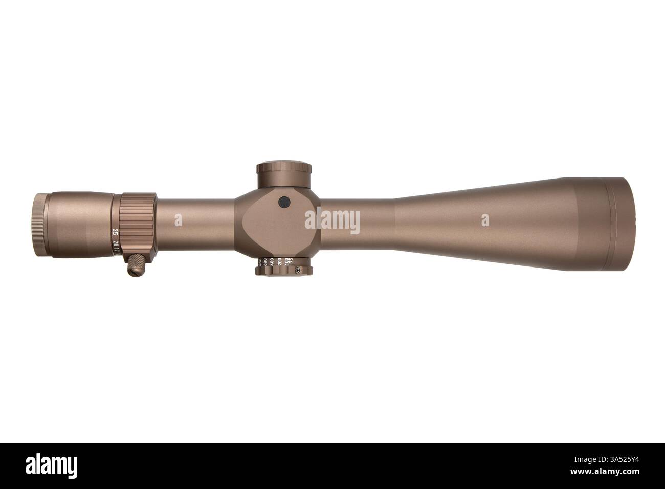 A rifle scope with a matte brown finish, multiple adjustment knobs, and ...