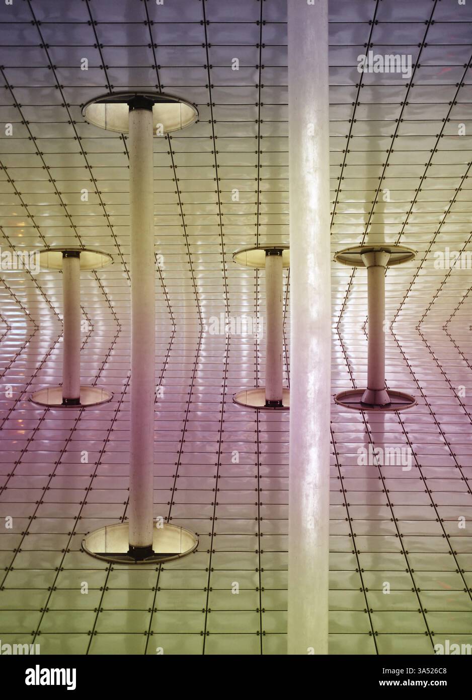 The abstract photograph of the underside of a mirrored roof with ...