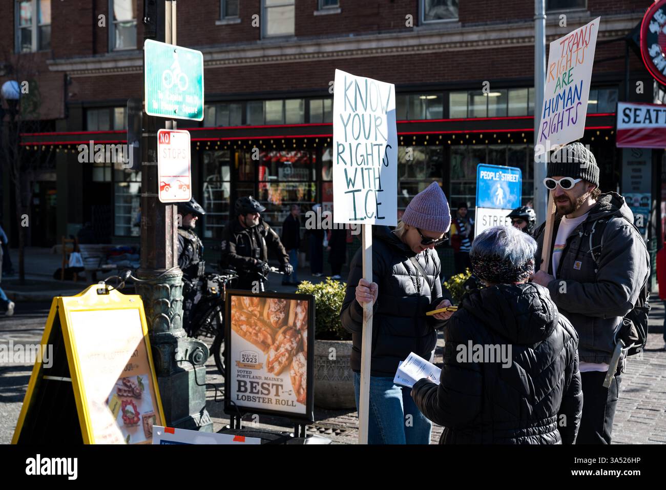 Seattle, USA. 26th Jan 2025. Pro immigration and trans rights folks at ...