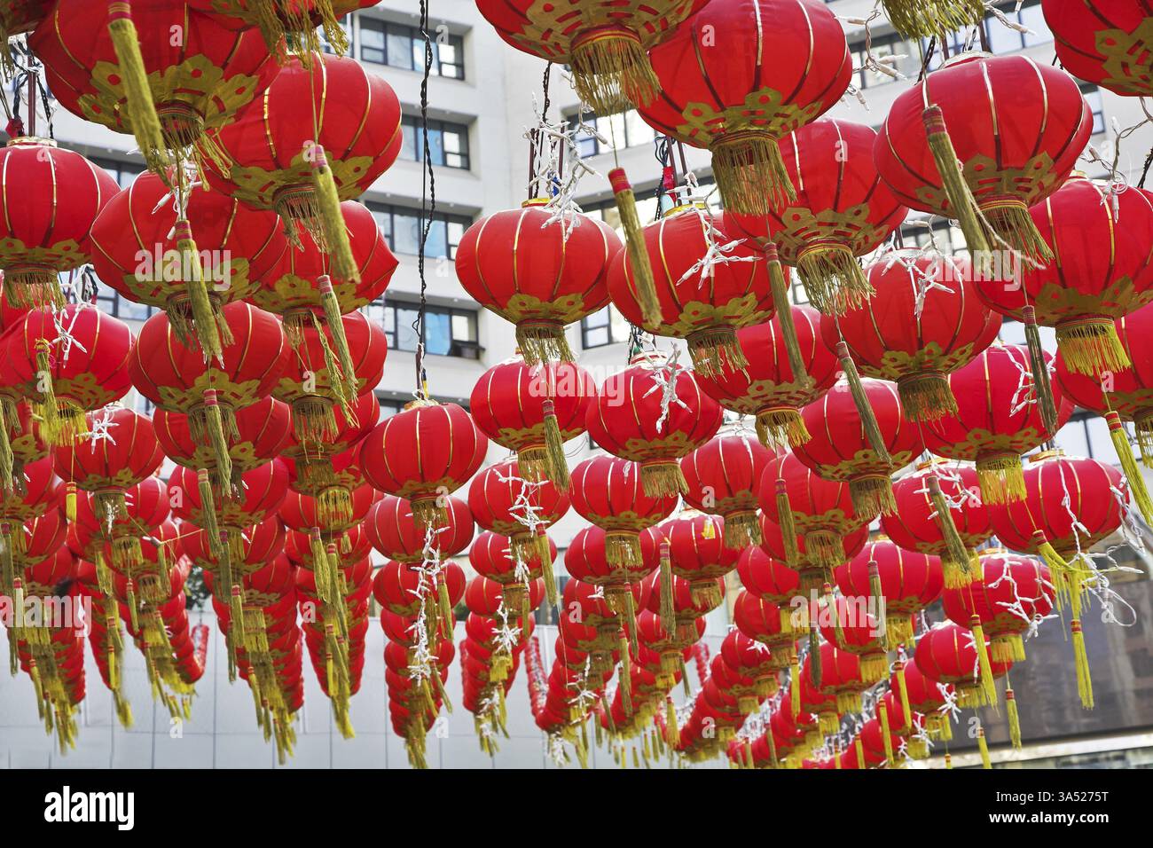 The traditional red lanterns decorating the Chinese city in New year ...
